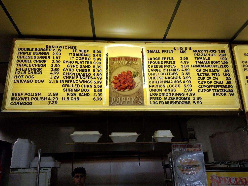 Menu at Poppys restaurant, Waukegan