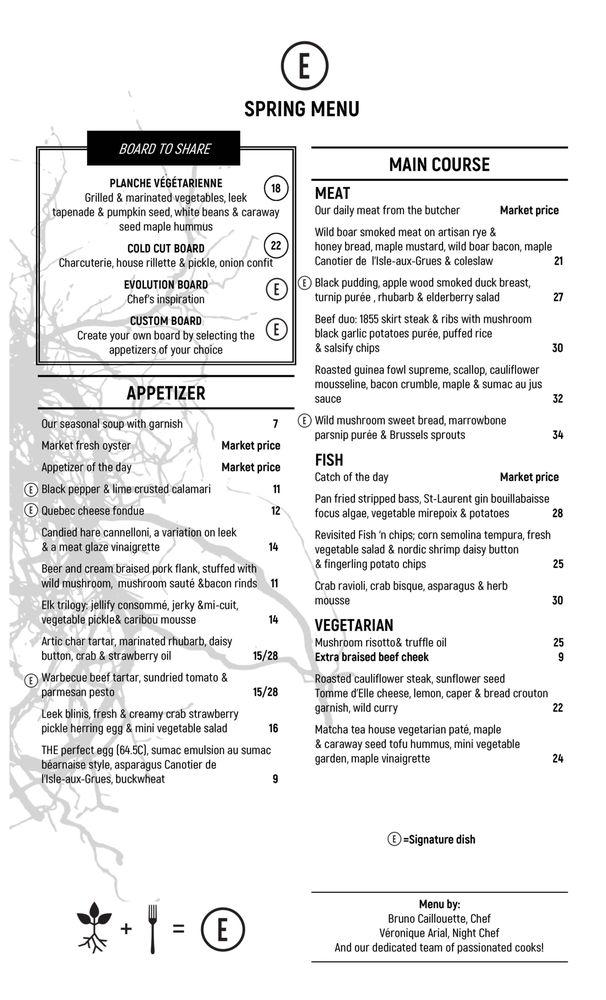 Menu au Bistro Evolution restaurant, Levis