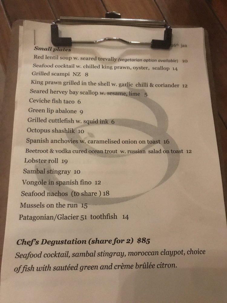 Menu at Claypots Barbarossa, Melbourne