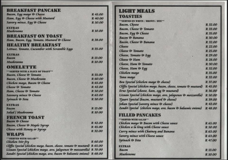 Menu at Friends restaurant, Hartswater