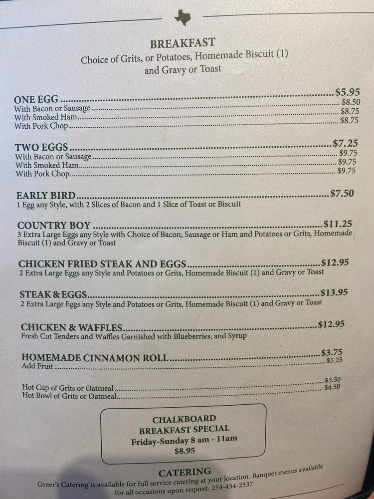 Menu at Greer's Ranch Cafe, Stephenville