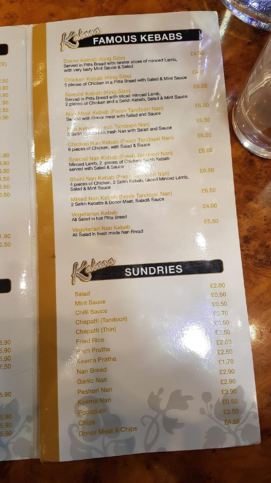 Menu at Kabana restaurant, Huddersfield, 43 Trinity St