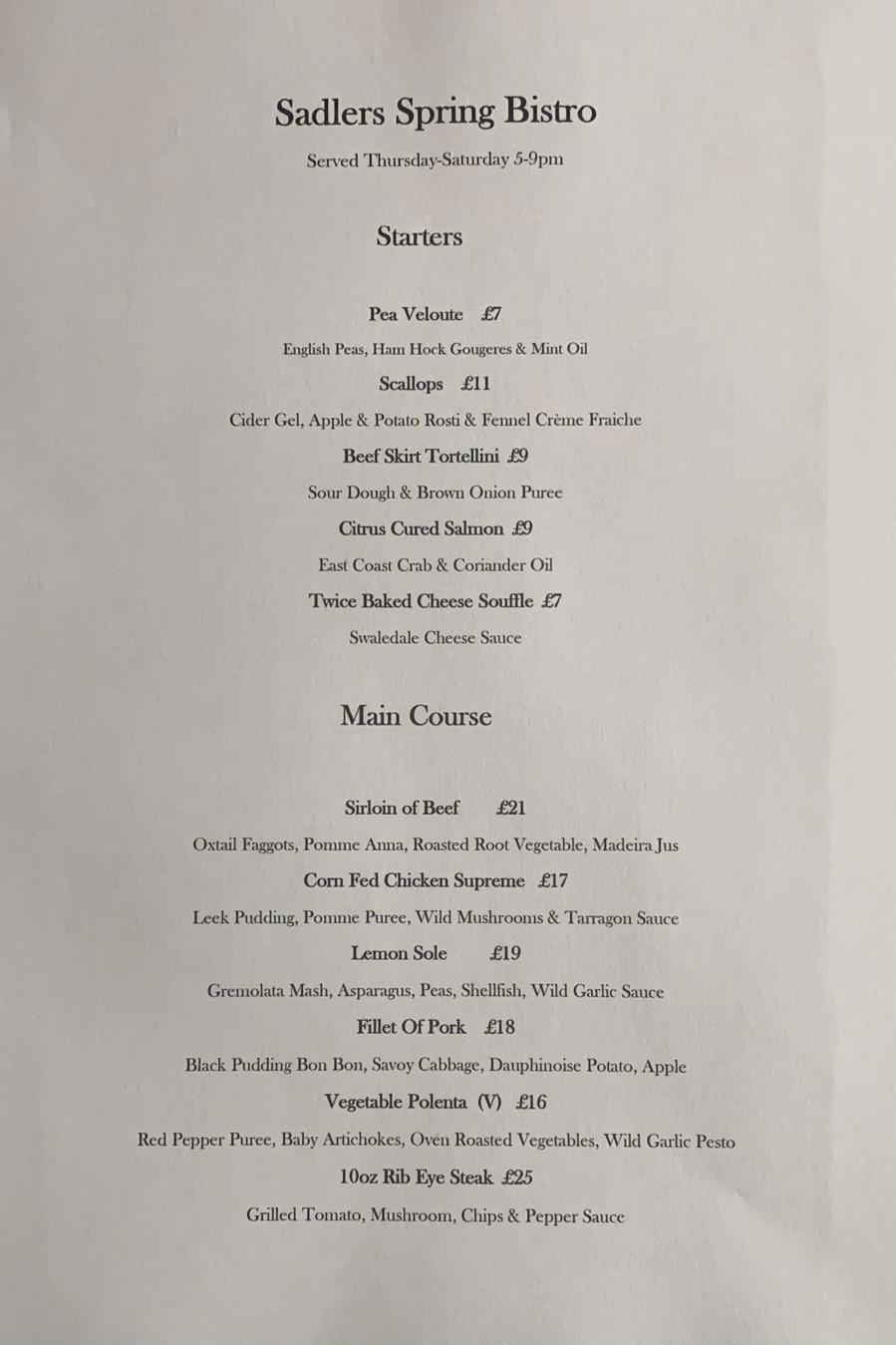 Menu at Sadler's Cafe & Bistro, Stokesley