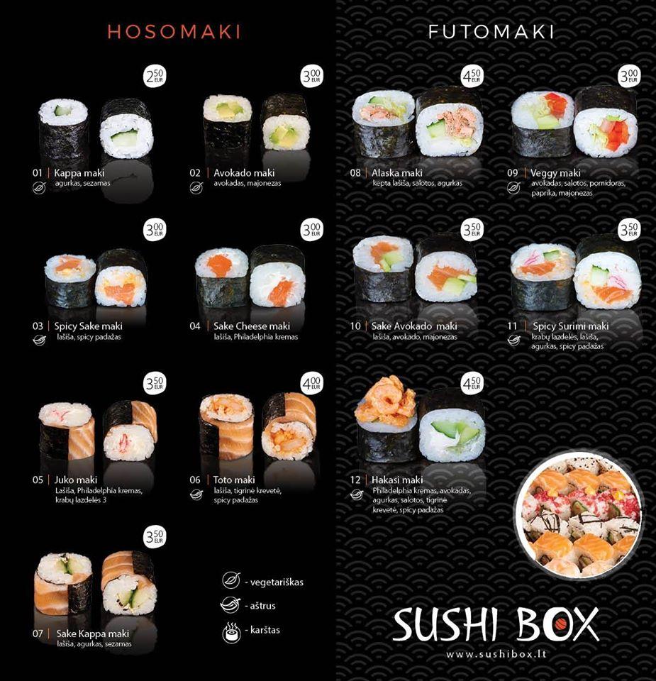 Menu at Sushi Box restaurant, Kaunas