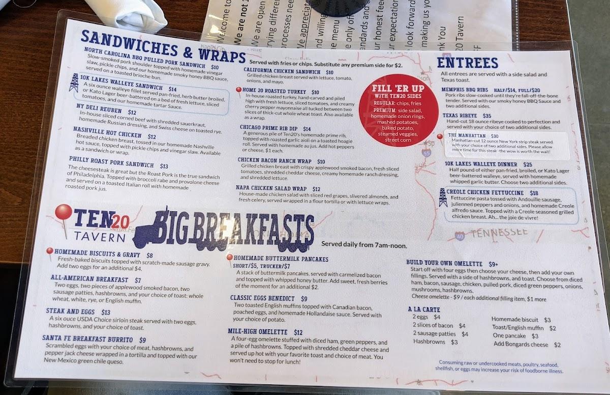 Menu at Ten20 Tavern restaurant, Mankato