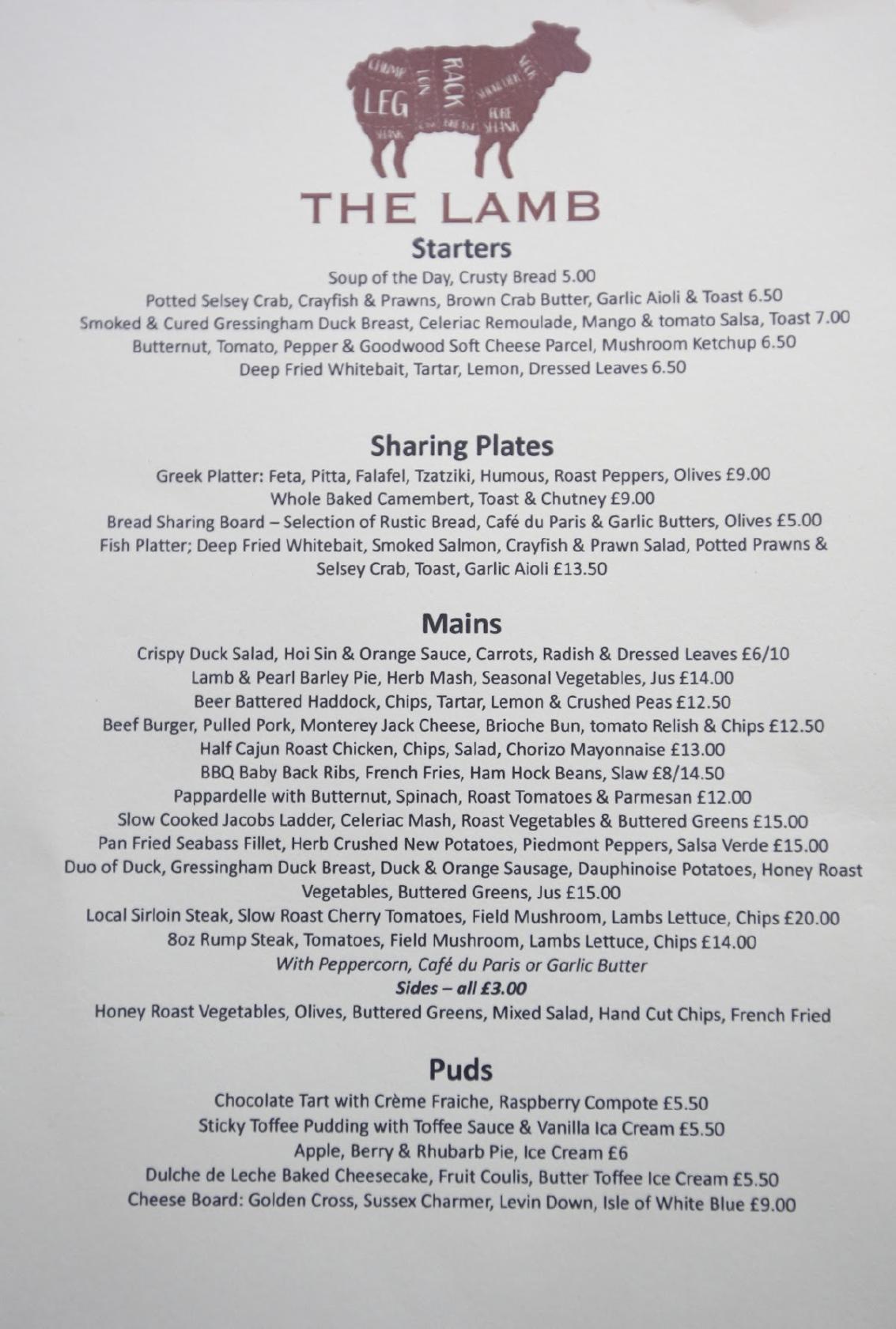 Menu at The Lamb Inn pub & bar, Chichester