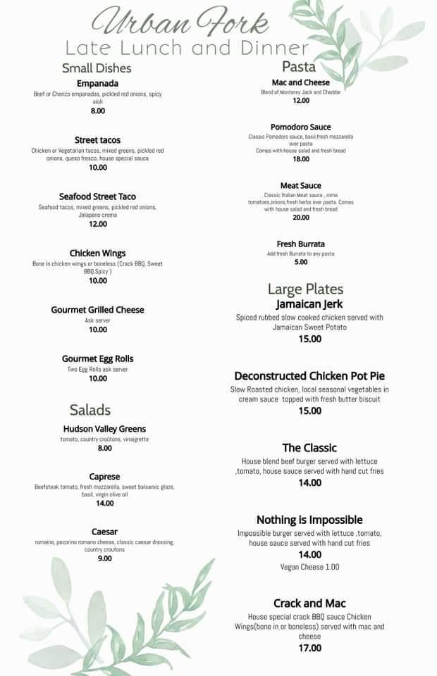 Menu at Urban Fork restaurant, Kingston
