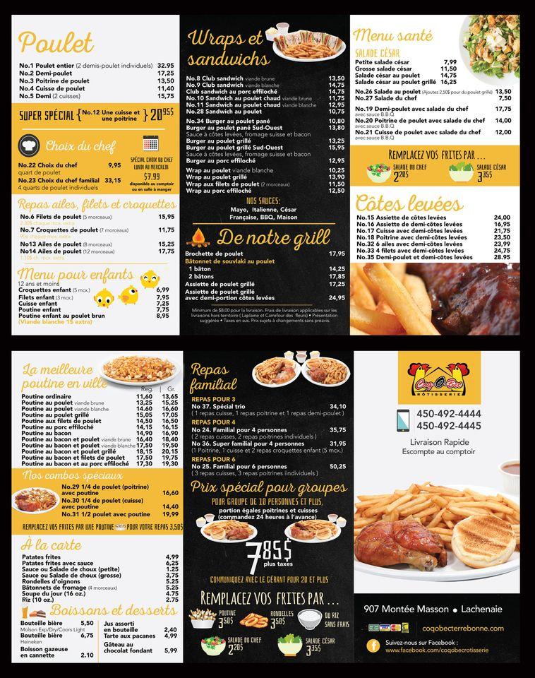Menu at Coq-O-Bec fast food, Terrebonne