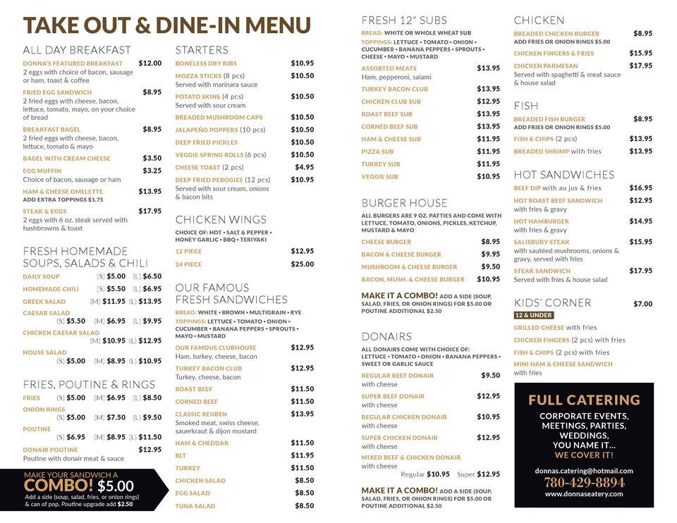 Menu at Donna's Eatery pizzeria, Edmonton, 115 Ave NW