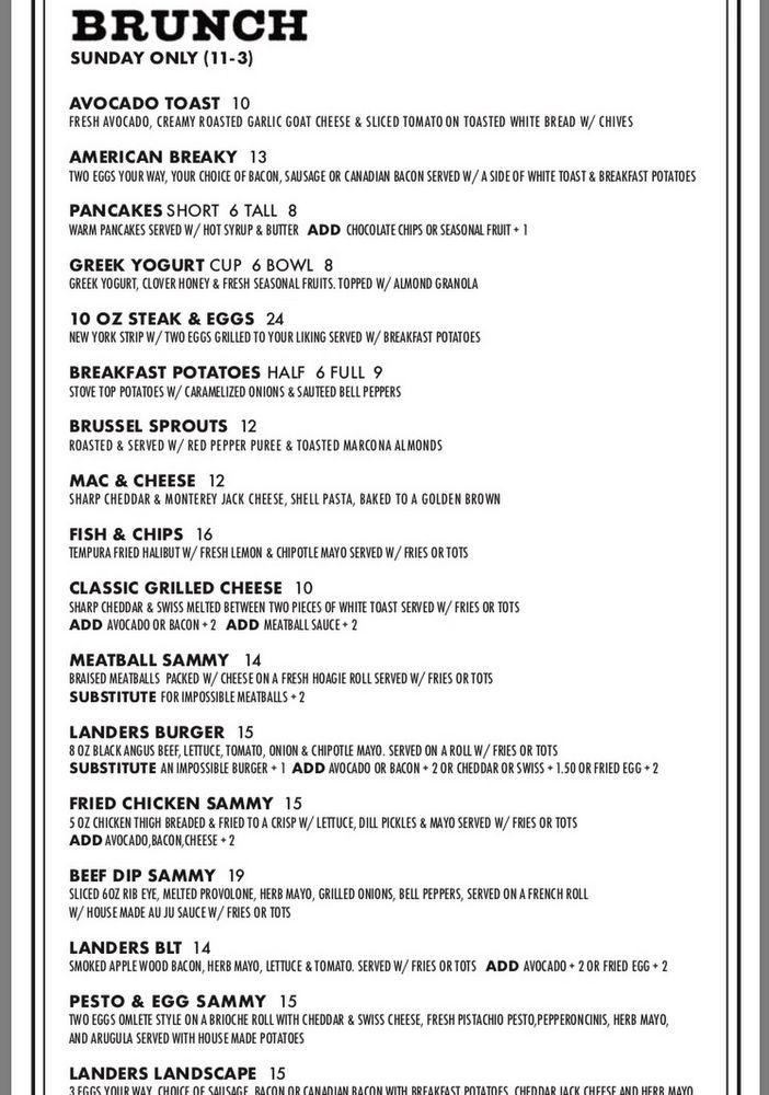 Menu at Landers pub & bar, San Clemente