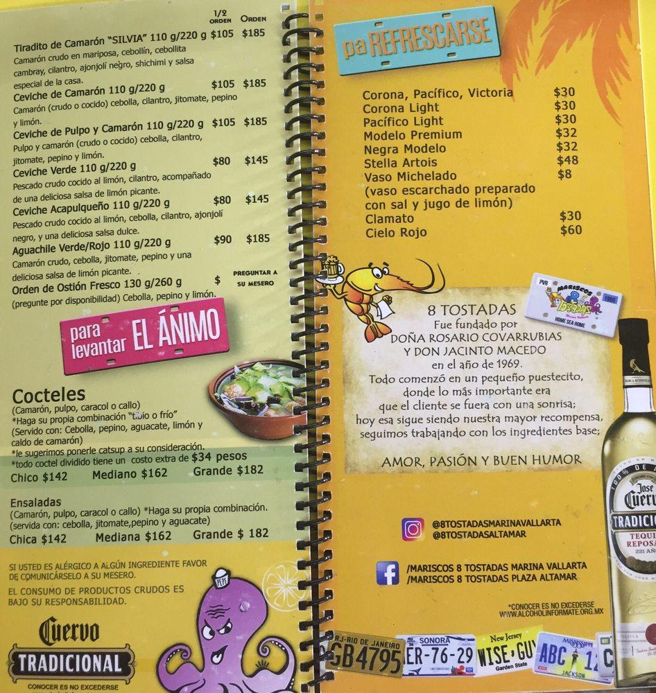 Menu at Mariscos 8 Tostadas restaurant, Puerto Vallarta, Quilla s/n ...