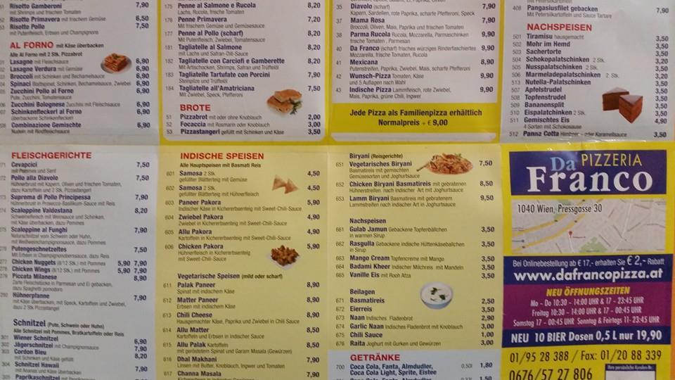 Menu at Da Franco pizzeria, Vienna, Preßgasse 30