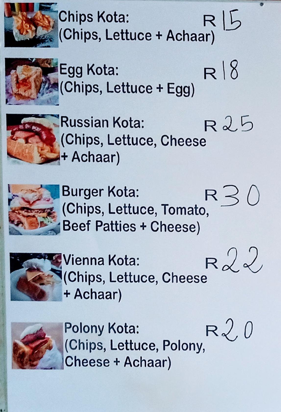 Menu at Moot takeaway cafe, Pretoria