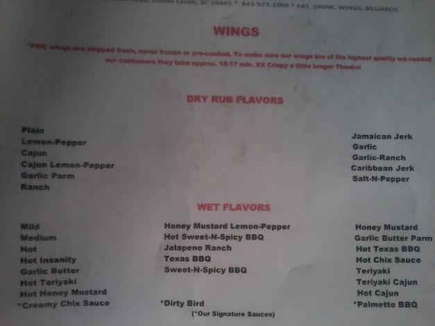 Menu at Palmetto Wing Company pub & bar, Goose Creek