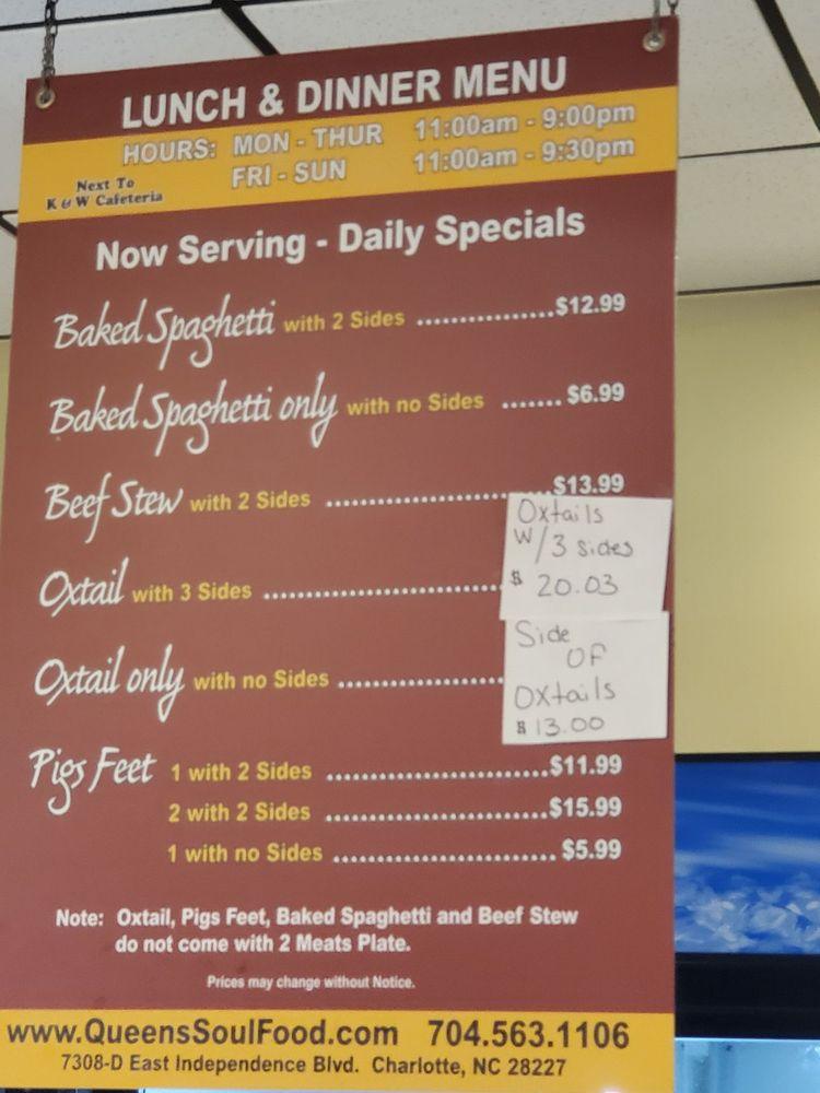 Menu at Queen's Soul Food. restaurant, Charlotte