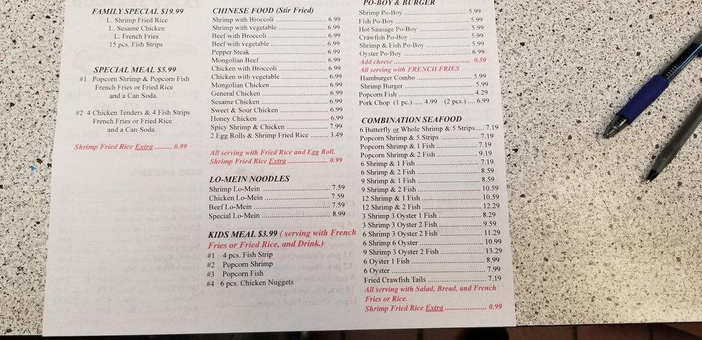 Menu at Tam's Seafood restaurant, Donaldsonville