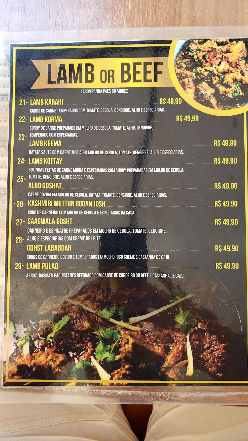 Menu em Taste of Pakistan restaurante, Brasília