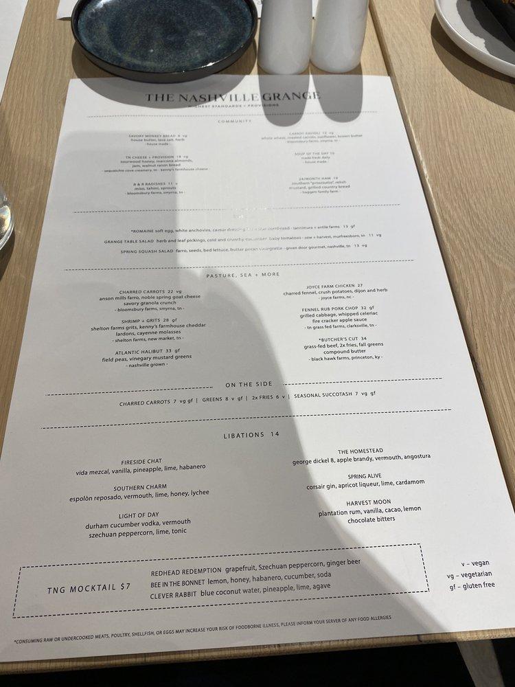 Menu at The Nashville Grange restaurant, Nashville