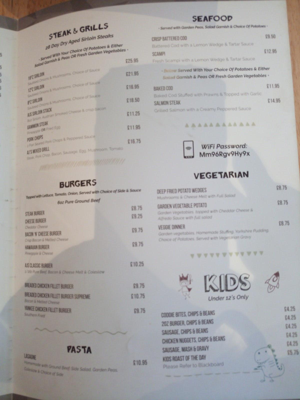 Menu at AJ's Diner restaurant, Crossgar