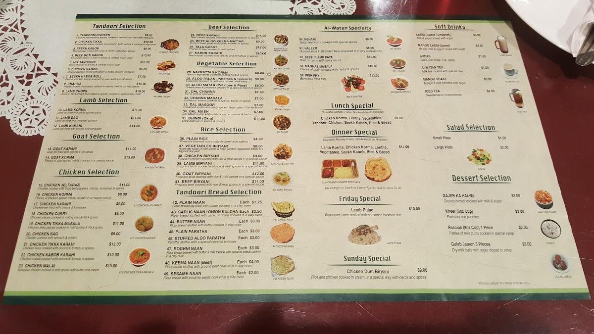 Menu at Al Watan Halal Tandoori Restaurant, Hawthorne