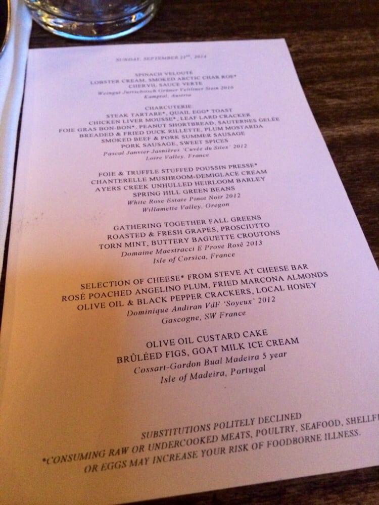 Menu at Beast restaurant, Portland