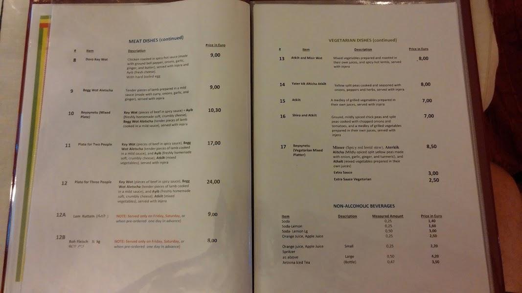 Menu at Ethiopian Restaurant, Vienna