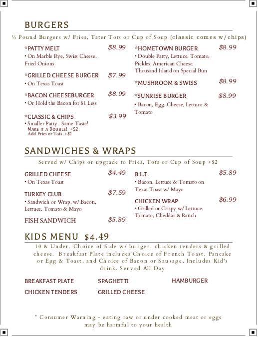 Menu at Hometown Family Restaurant, Marinette