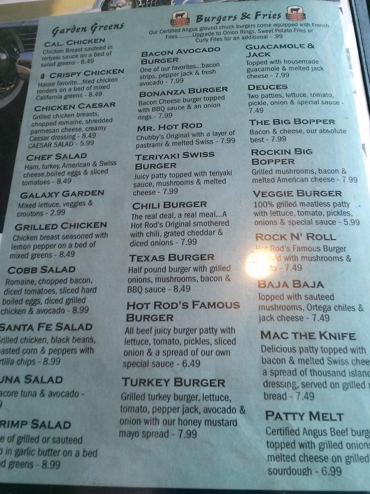 Menu at Hot Rod Diner restaurant, Turlock