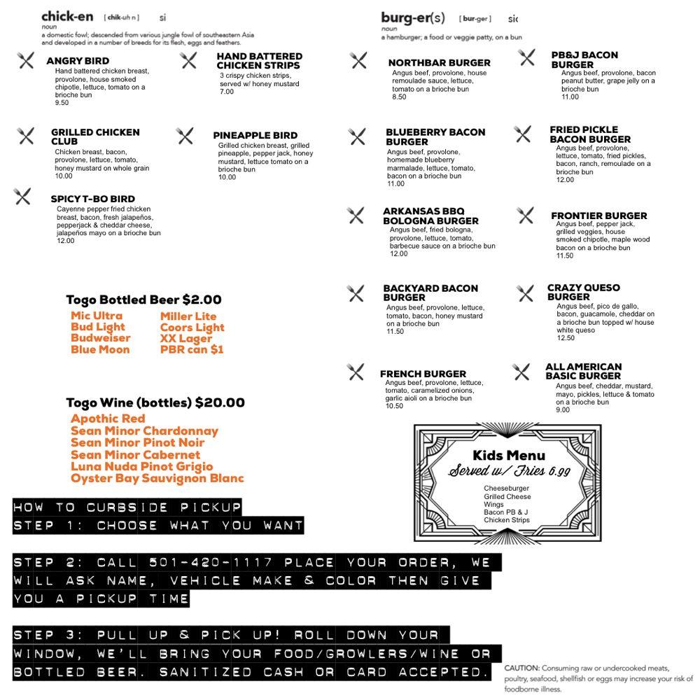 Menu at North Bar, North Little Rock, John F Kennedy Blvd
