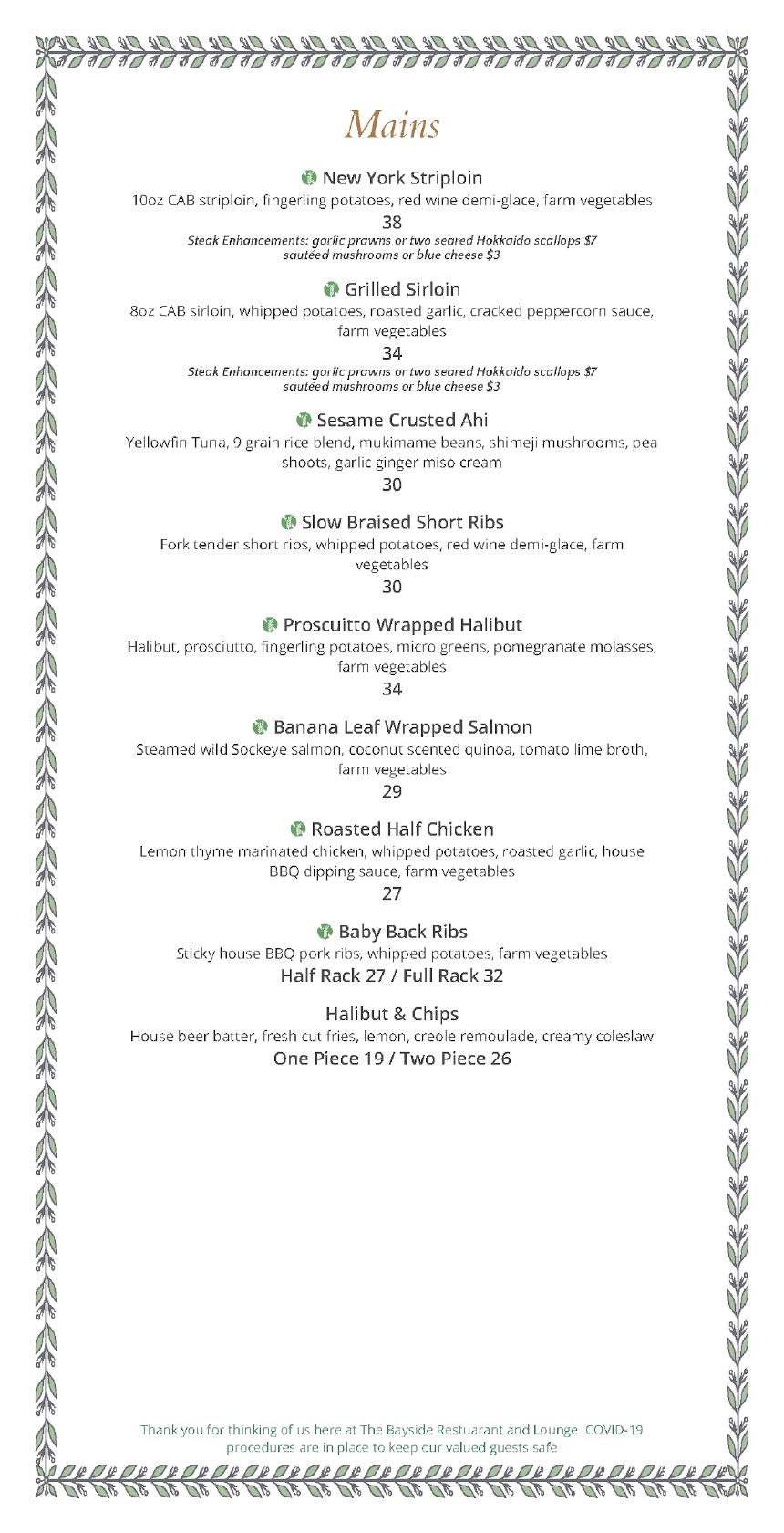 Menu at The Bayside Oceanfront Resort restaurant, Parksville