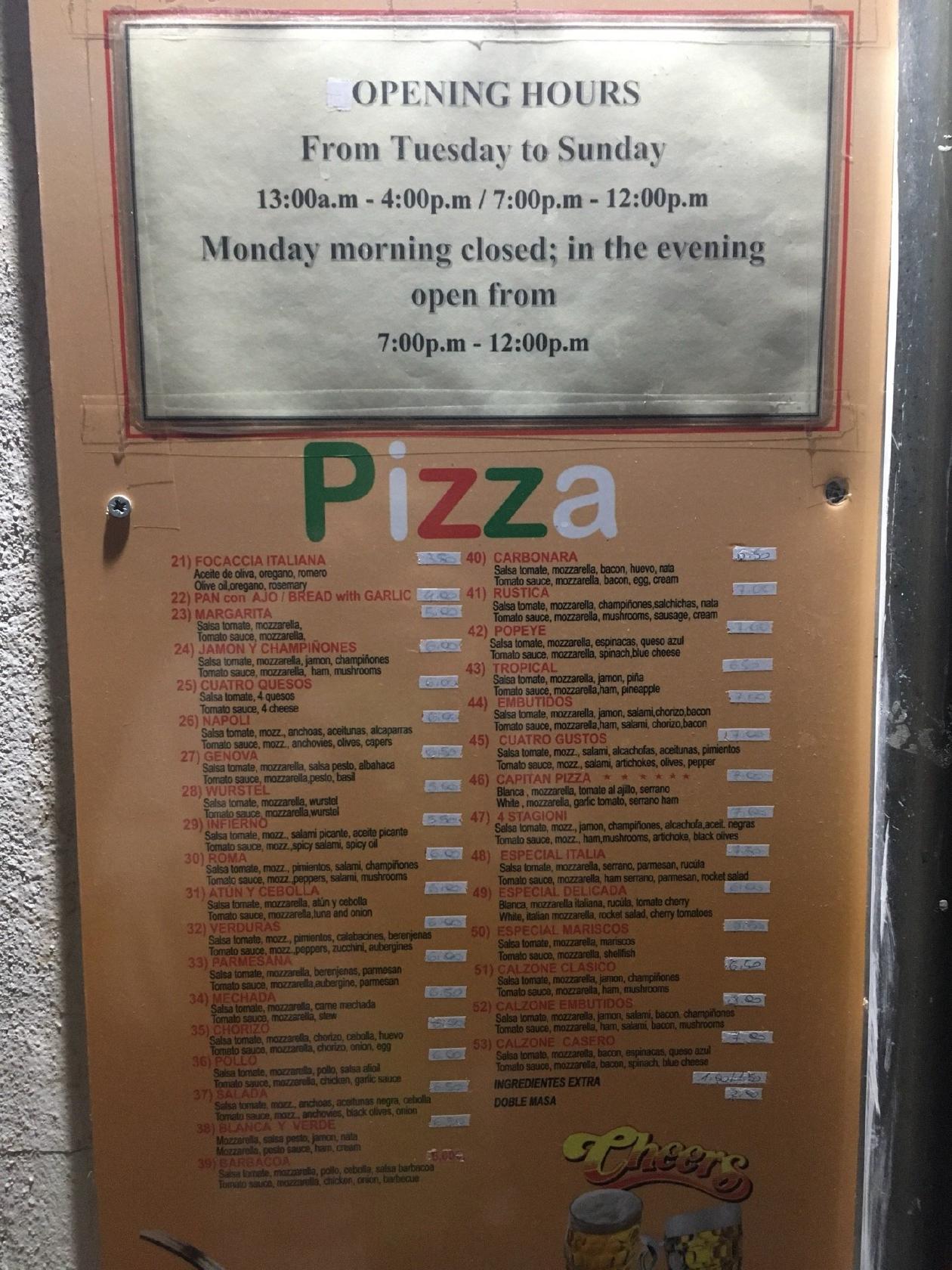 Carta de pizzería Capitan Pizza, Acantilados de los Gigantes