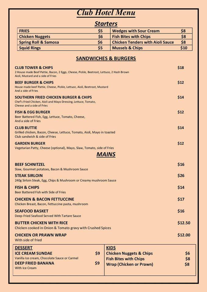 Menu at Club Hotel Opunake, Opunake