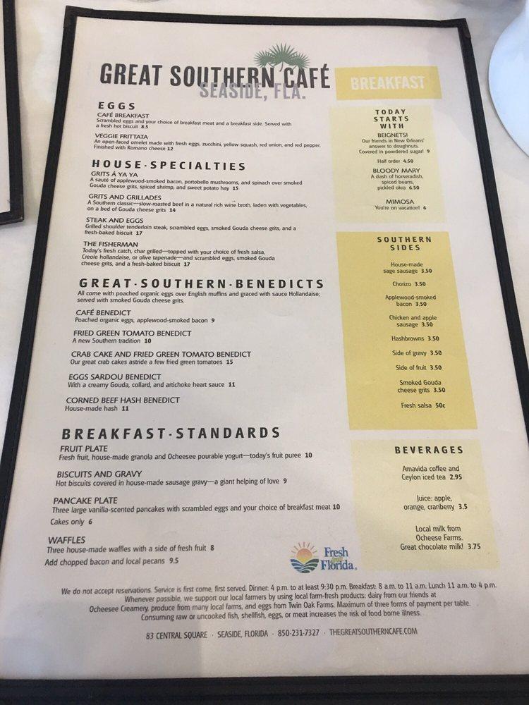 Menu at Great Southern Cafe, Seaside
