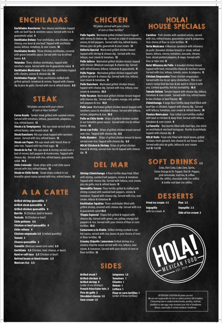 Menu at Hola! Mexican Food restaurant, Eureka