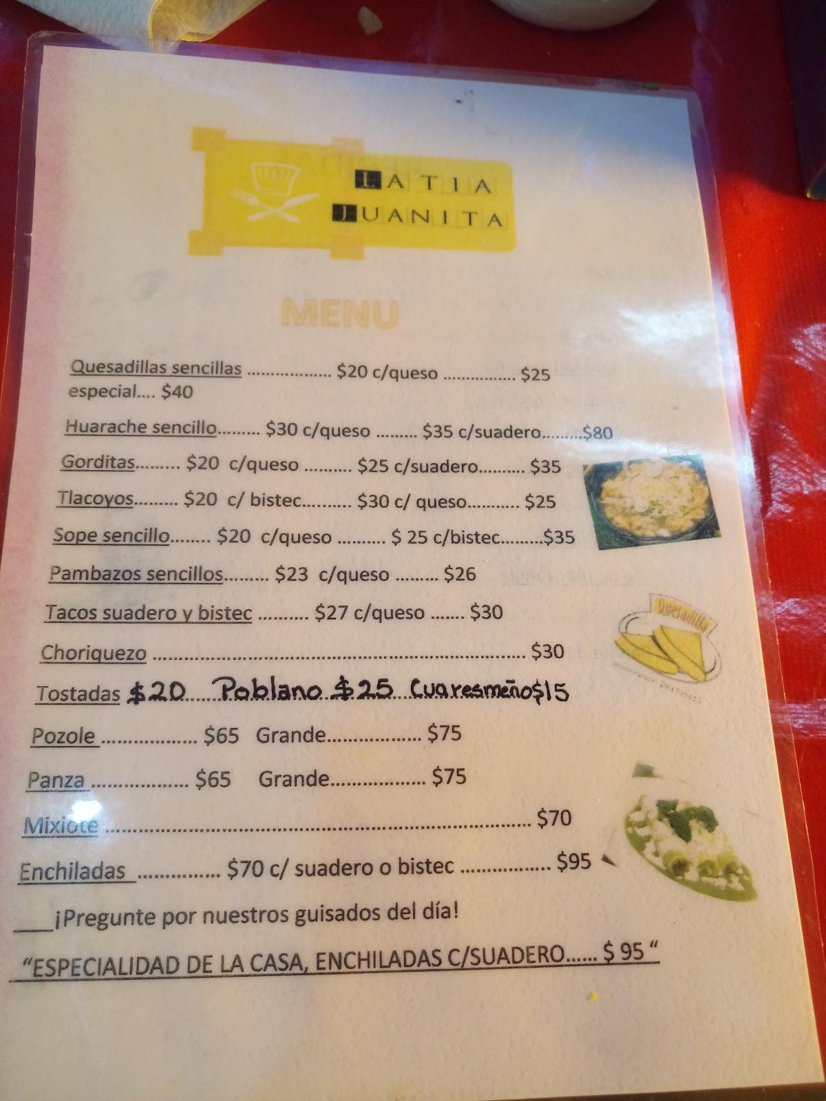 Carta del restaurante La tía Juanita, Mexico