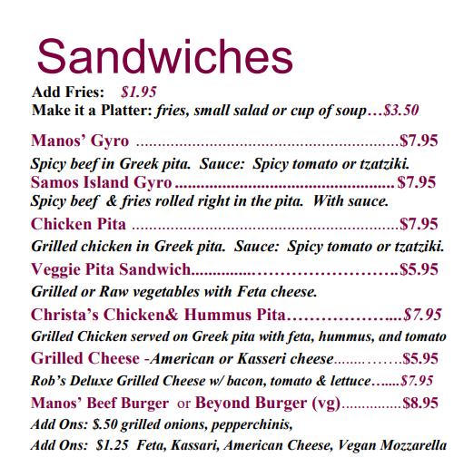 Menu at Manos Greek Restaurant, Toledo
