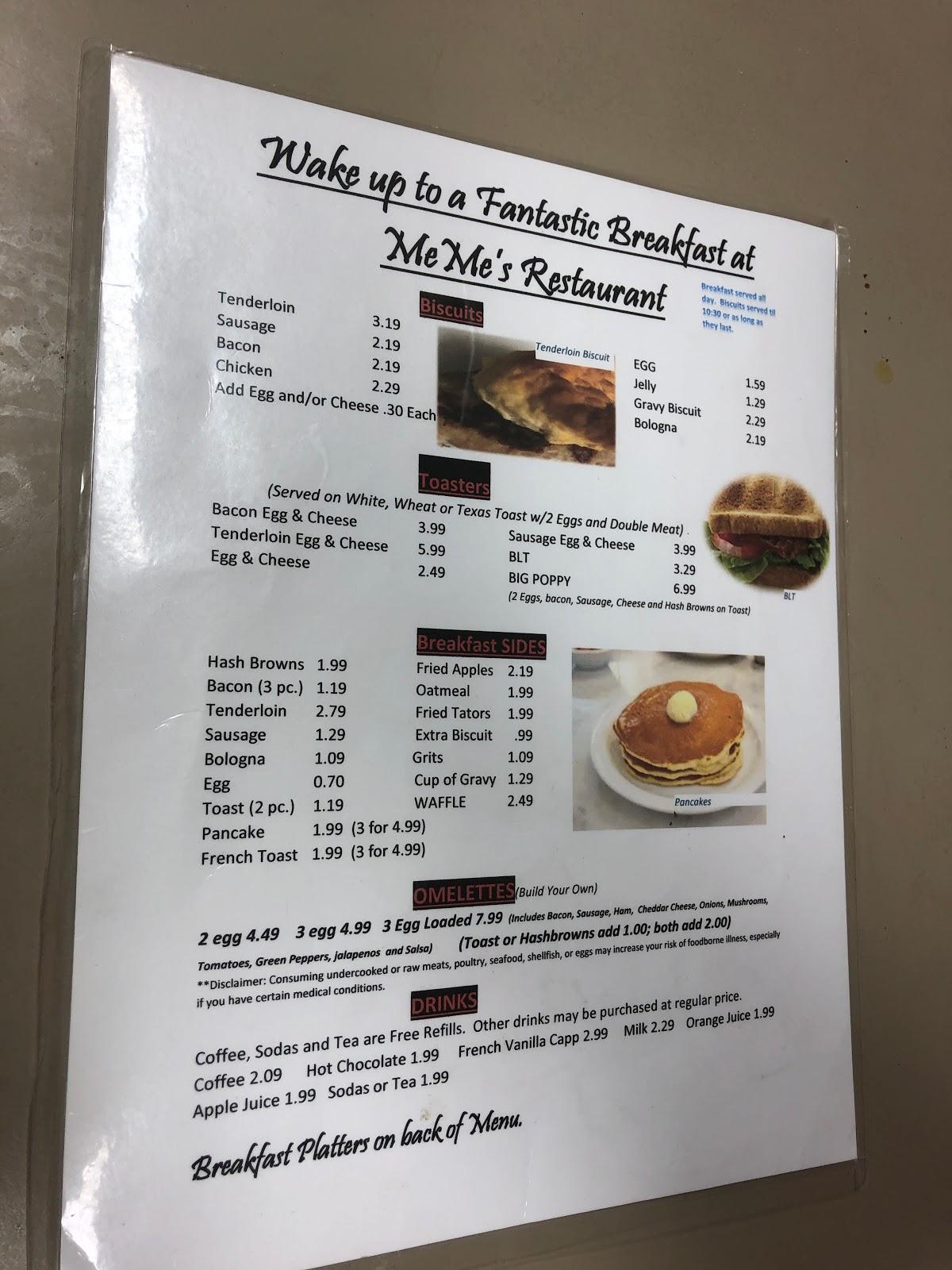 Menu at MeMe's Restaurant, Rockwood