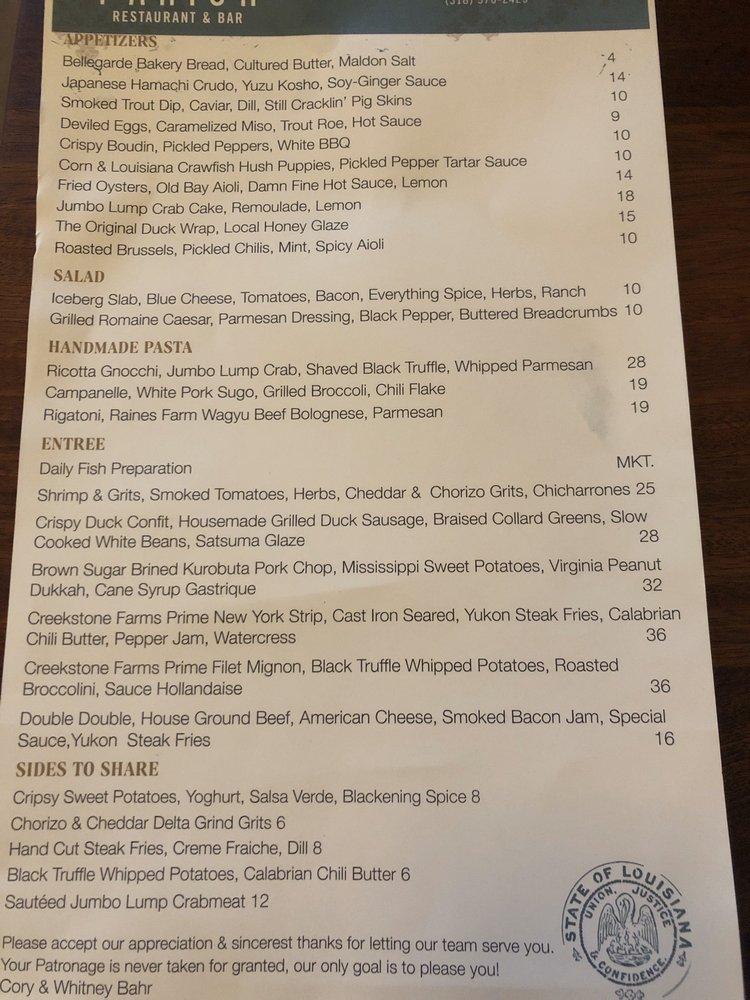 Menu at Parish Restaurant & Bar, Monroe