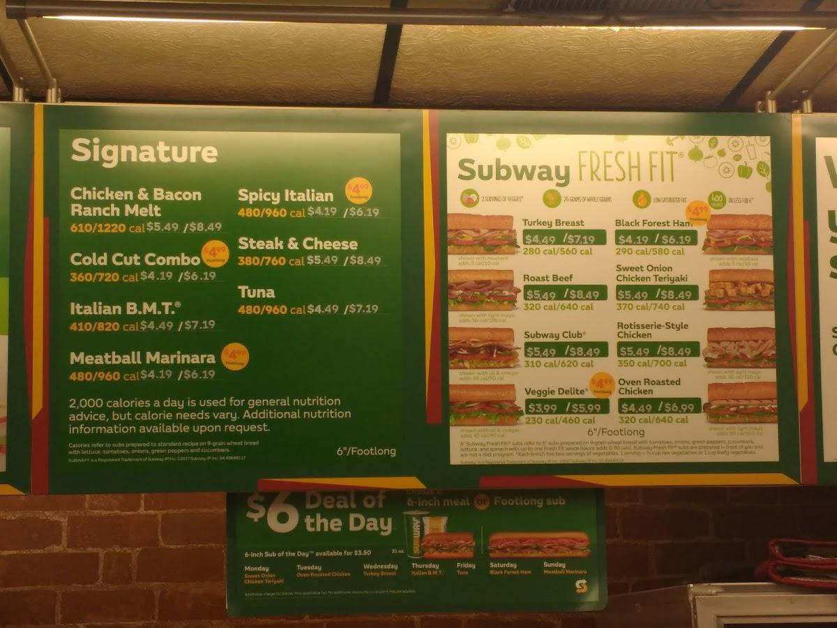 Menu at Subway fast food, Syracuse