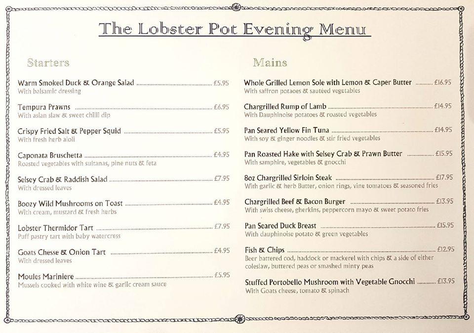 Menu at The Lobster Pot restaurant, Bognor Regis