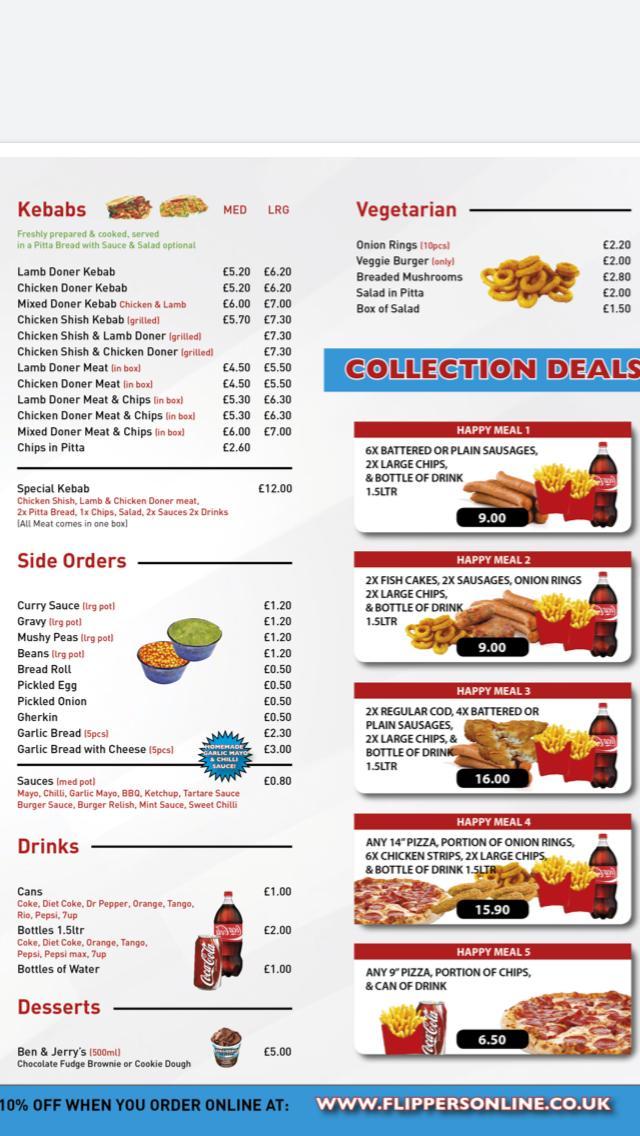 Menu at Flippers & Best Kebab House restaurant, Weston-super-Mare
