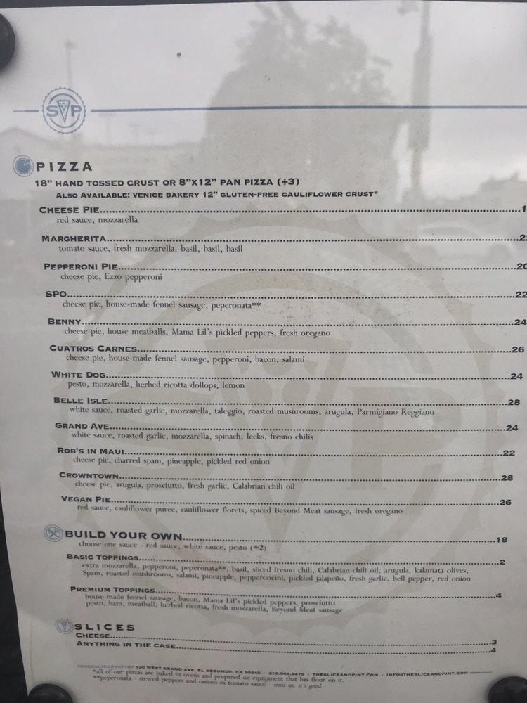Menu at The Slice & Pint pizzeria, El Segundo