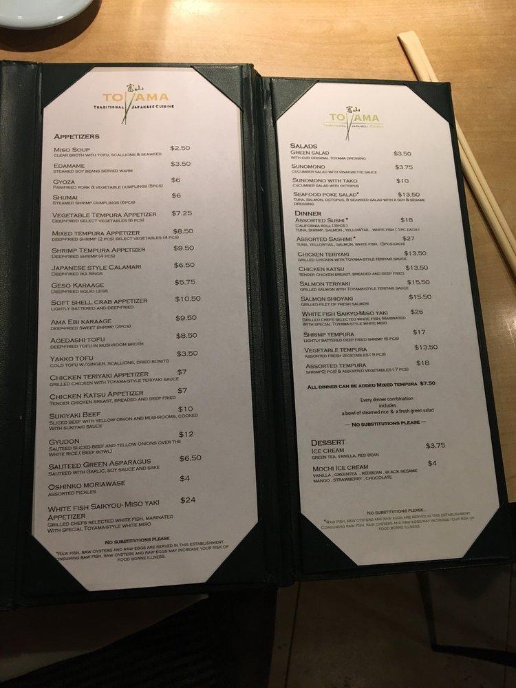 Menu at Toyama Restaurant, Scottsdale