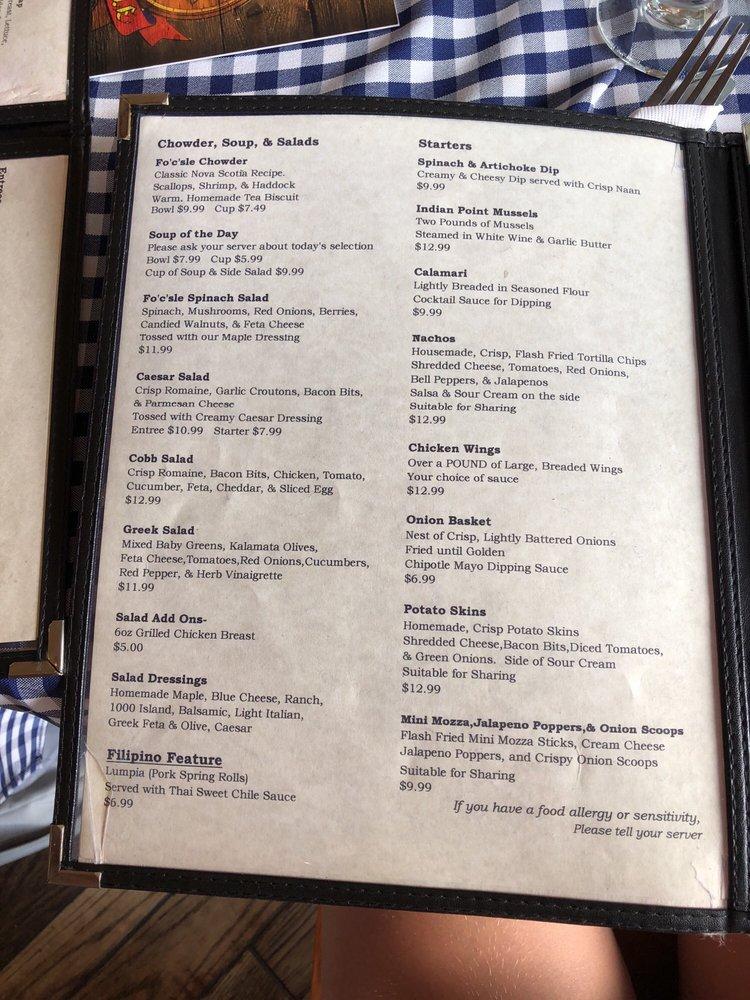 Menu at Fo'c'sle Tavern pub & bar, Chester