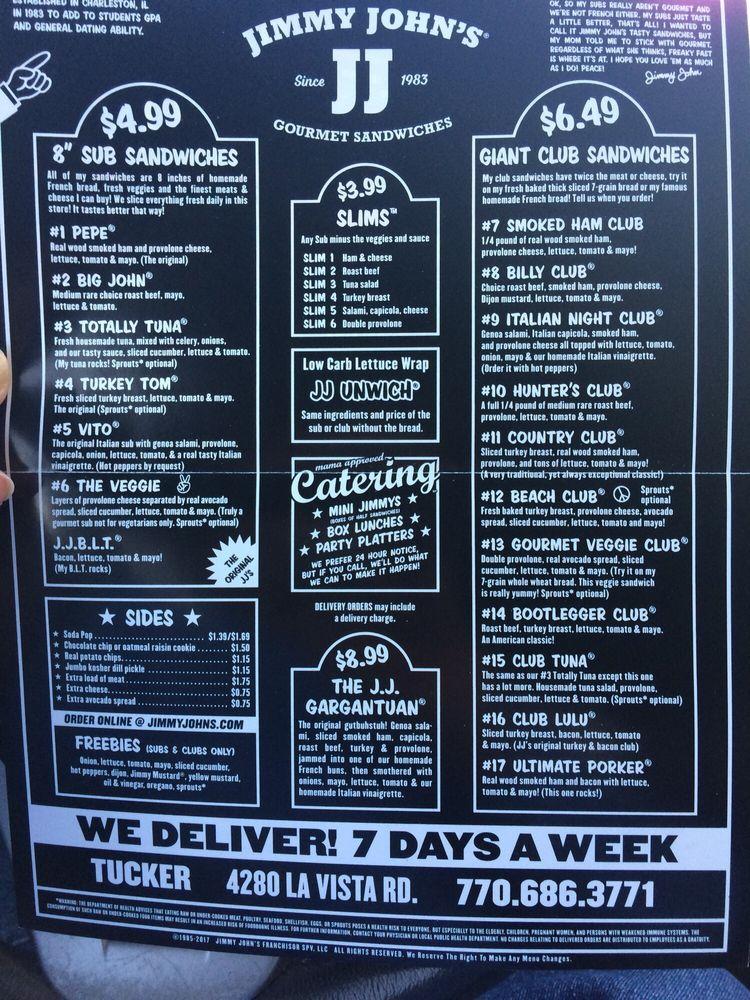 Menu at Jimmy John's fast food, Tucker, Lavista Rd C-121