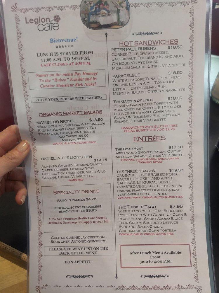 Menu at Legion of Honor Café cafe, San Francisco