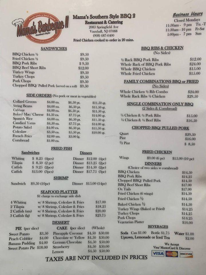 Menu at MaMa's Southern Style BBQ II, Union