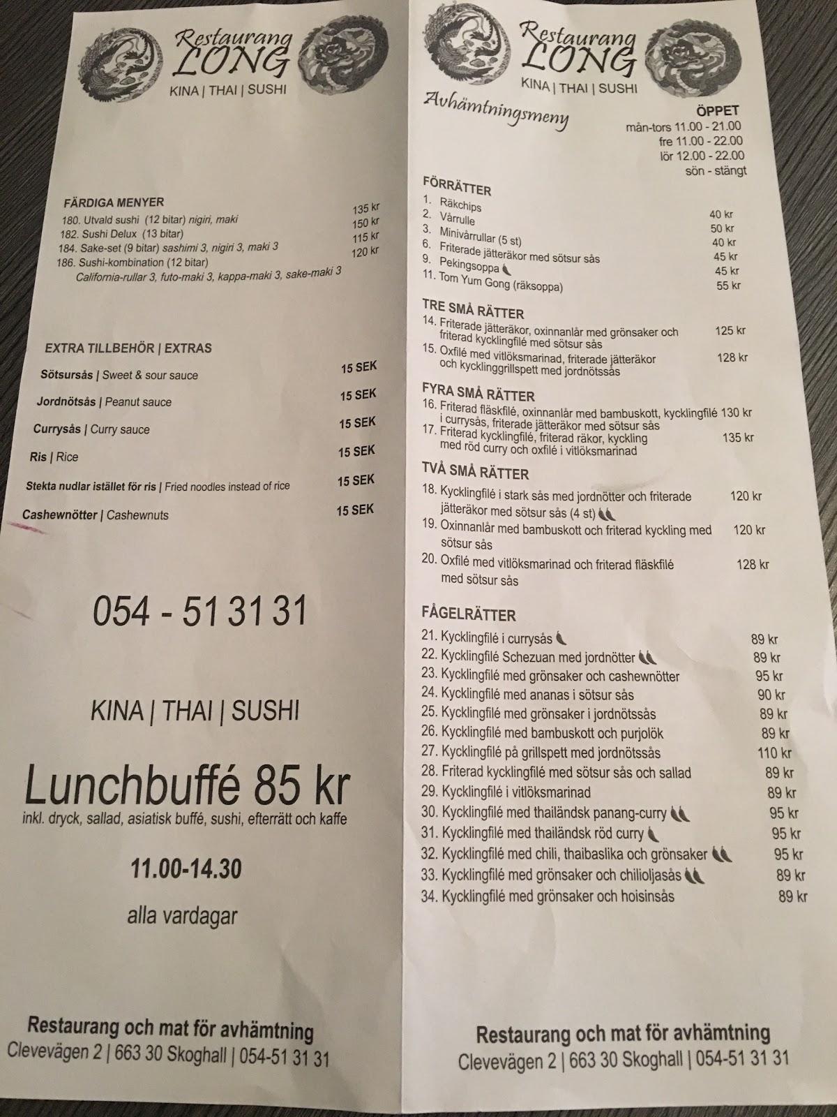 Menu at Restaurang Long fast food, Sweden, Clevevägen 2A