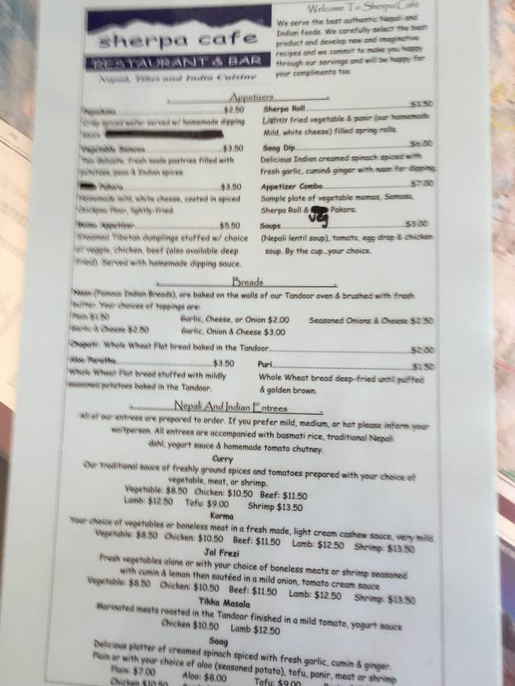 Menu at Sherpa Cafe, Gunnison