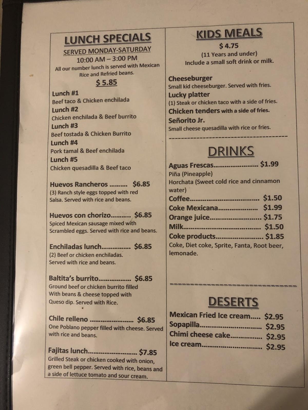 Menu at Si Señor Authentic Mexican Restaurant, Kentland